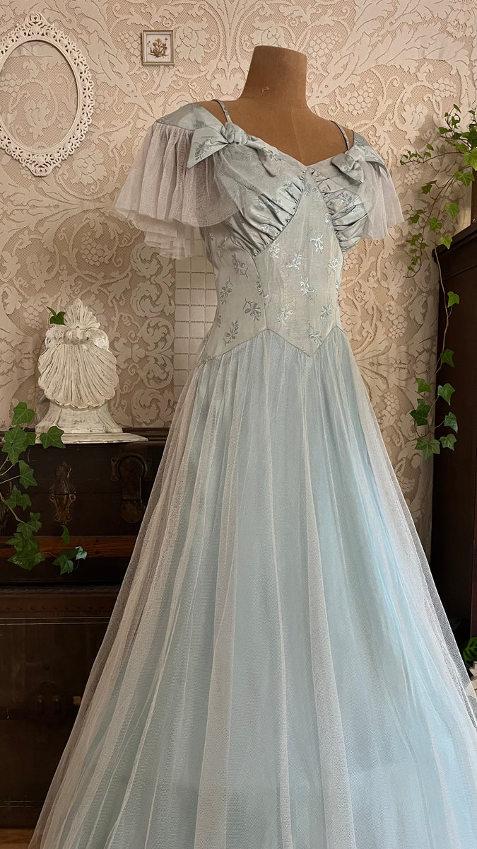 Stunning 1930’s Vintage Eggshell Blue Jacquard and Tulle Dress ...