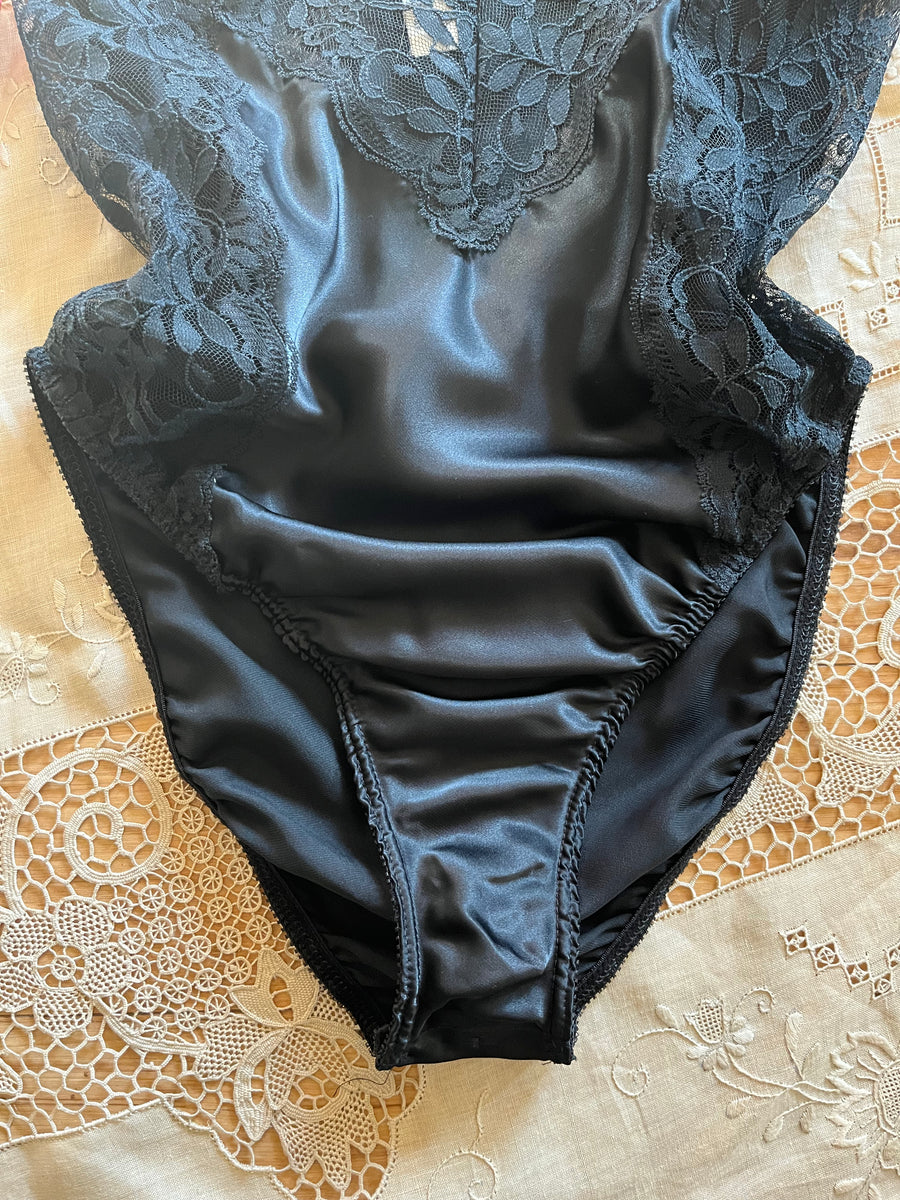 1980’s Vintage Black Satin High Cut Teddy by Laura Faye – Strange Vintage